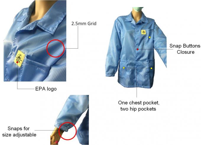Static Dissipative ESD Jackets 2.5mm Grid White And Blue For EPA Clean Room