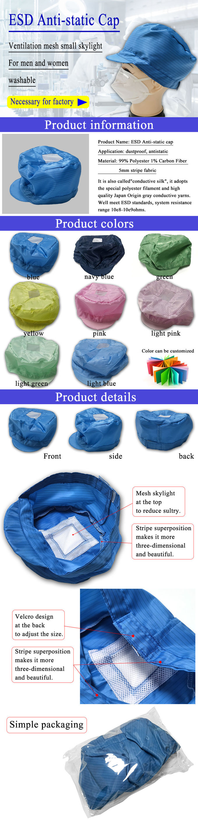 5mm Stripe ESD Antistatic Cap For Class 100 Cleanroom