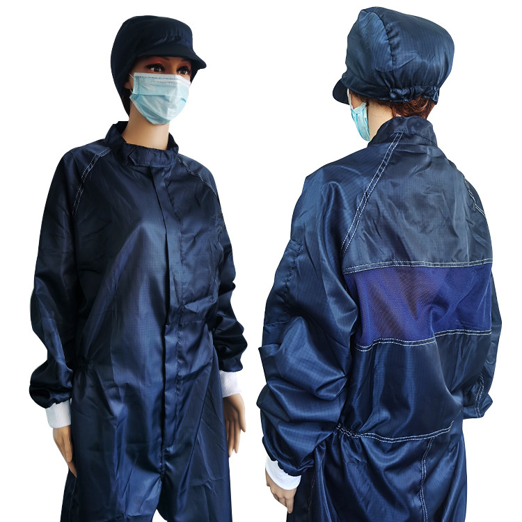 5mm Grid Dark Blue ESD Cleanroom Jumpsuit Coverall For Electronics ...