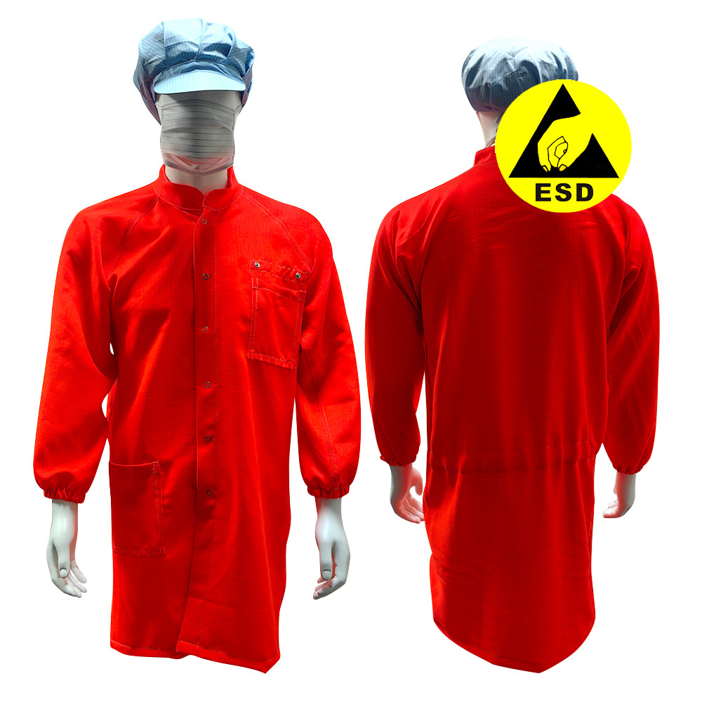 Cleanroom Red 5mm Grid ESD Antistatic Safety Coat With 98% Polyester 2% ...