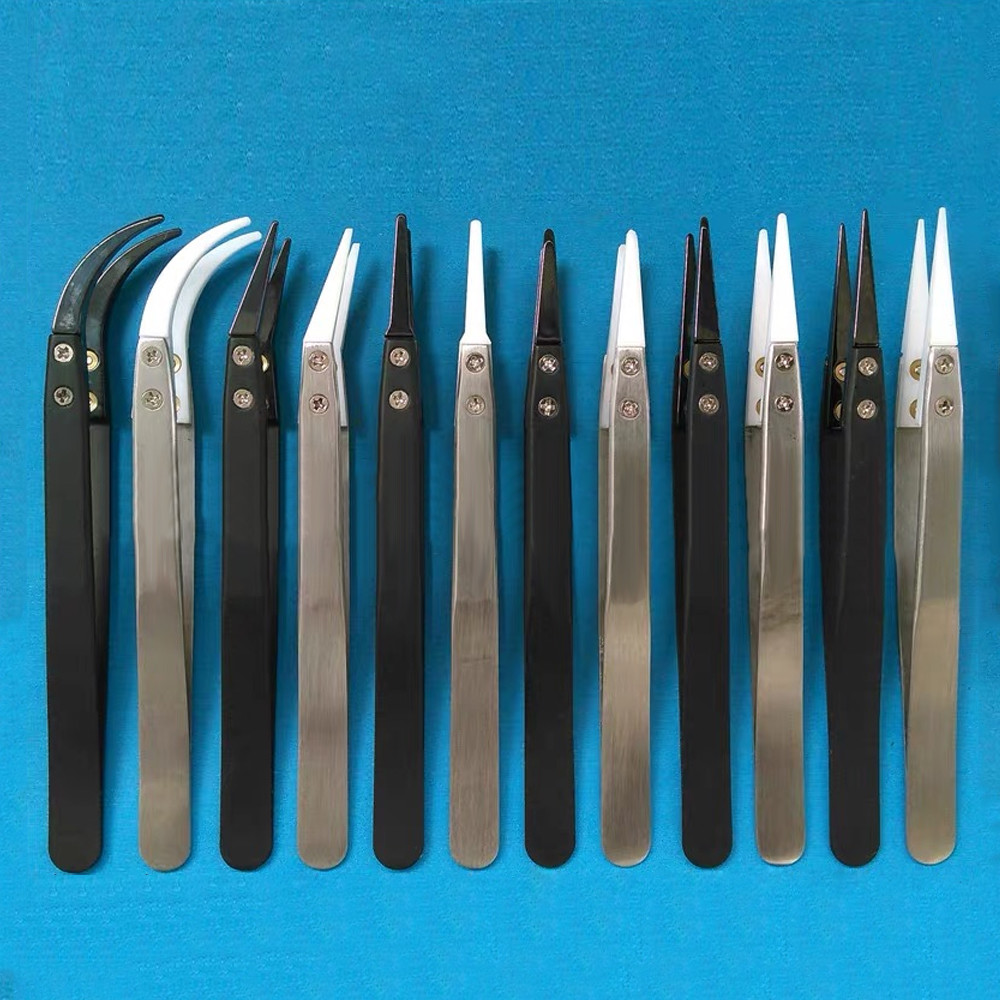 ESD Antistatic Stainless Steel Handle Ceramic Tweezers High Temperature ...