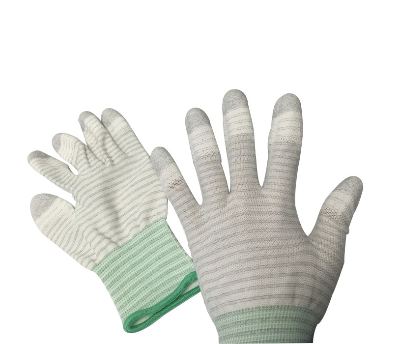 PU Top Coated Striped Static Proof Gloves Fingertip Carbon Knitted ...